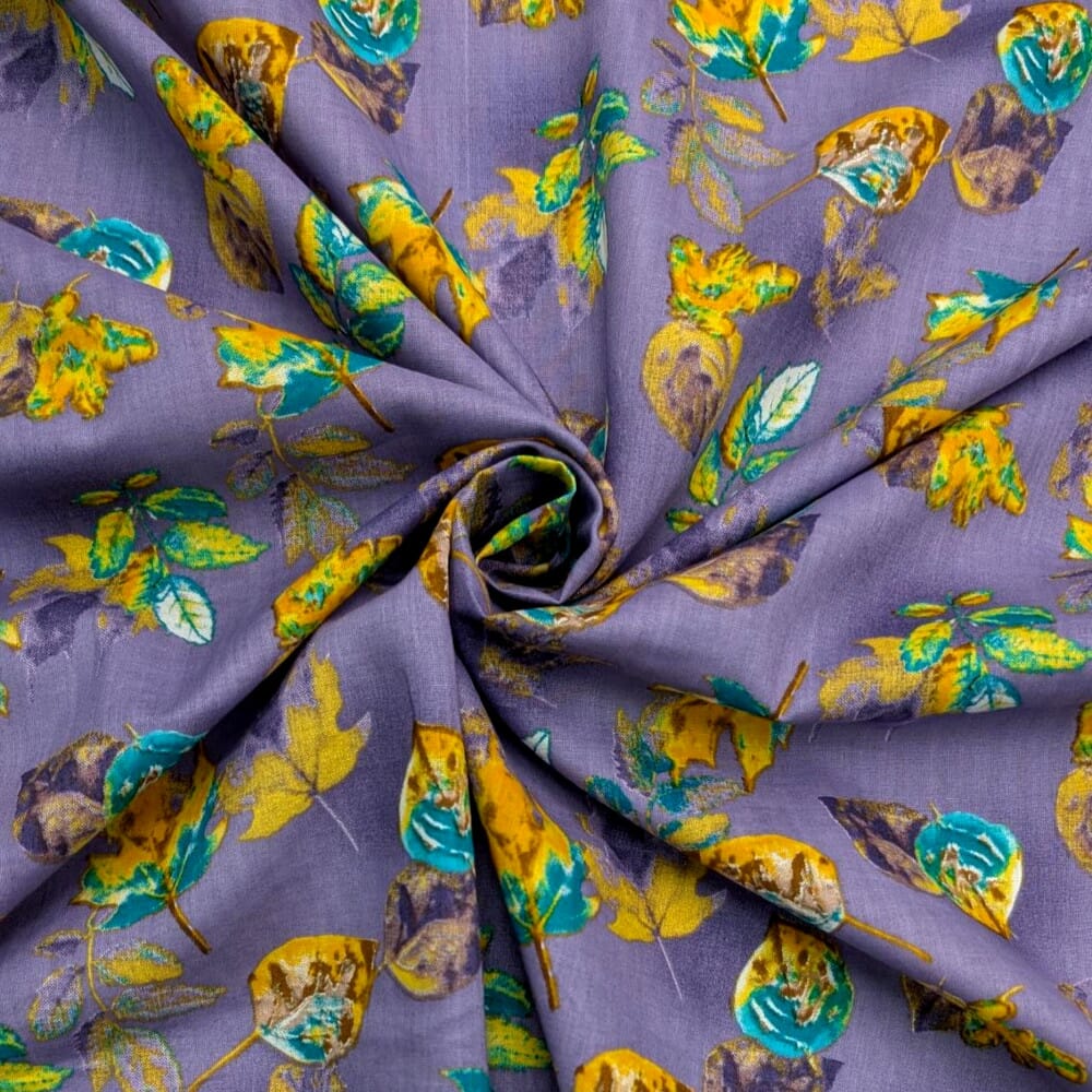 Printed Egyptian 100% Cotton - Yellow and Turq Leaves on Lilac