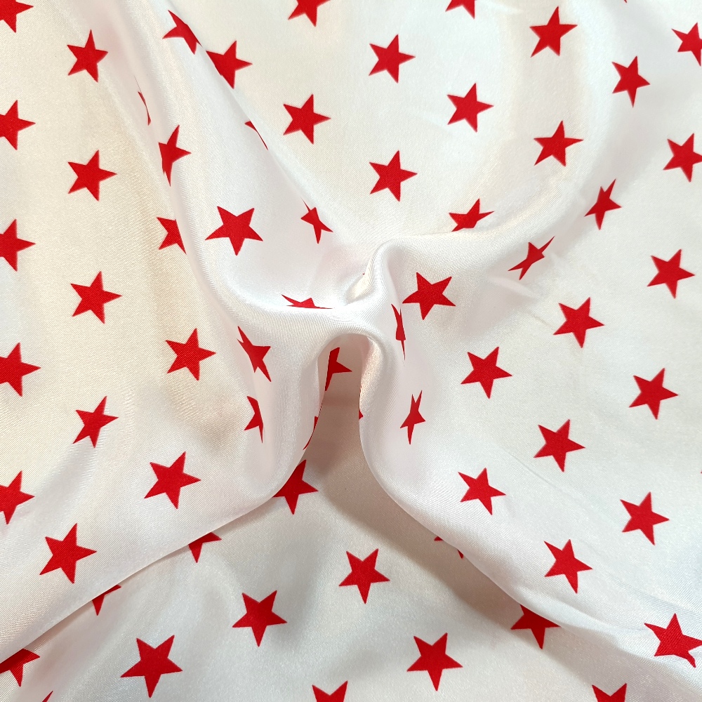 Red Stars on White Satin Fabric