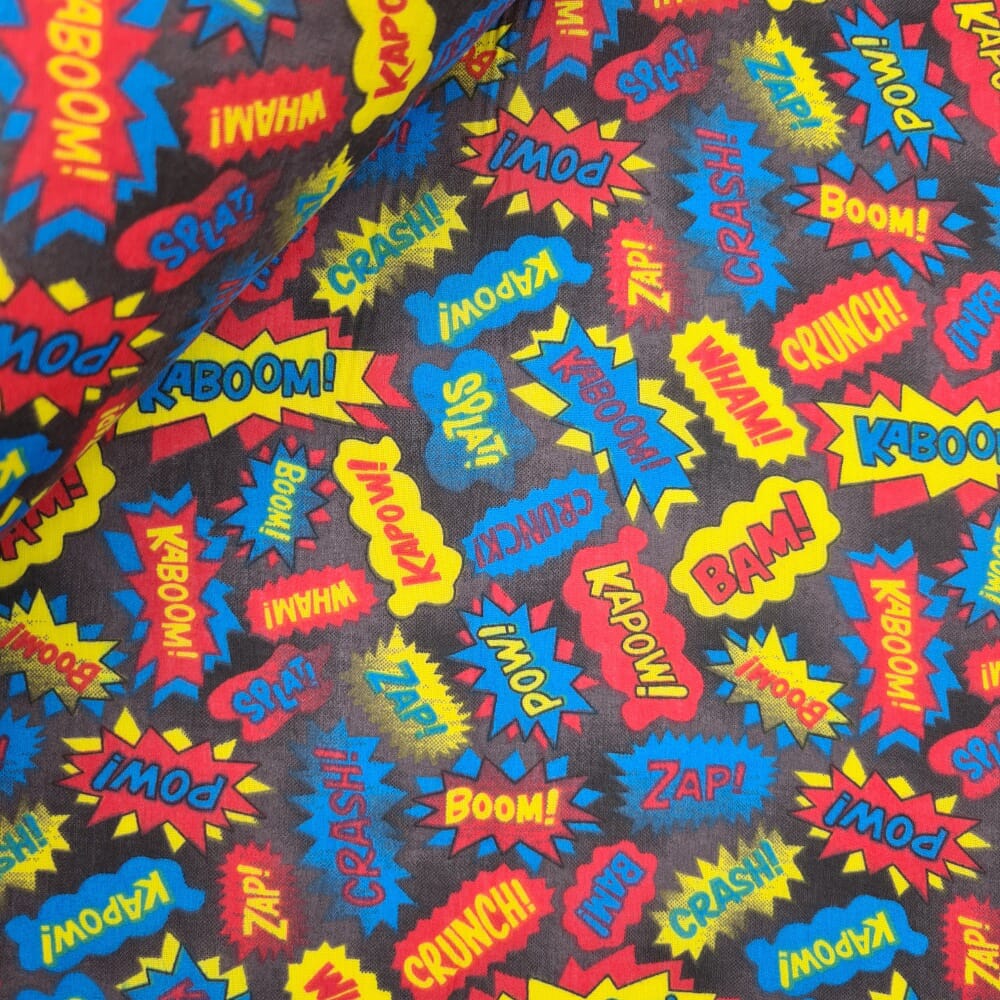 Super Hero Polycotton KAPPOW WHAM BAM RED, Comic Strip super heroes sayings