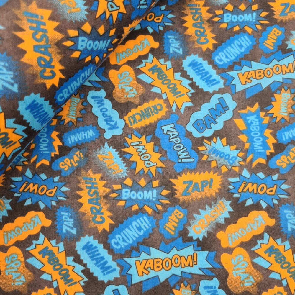 Super Hero Polycotton KAPPOW WHAM BAM BLUE, Comic Strip super heroes ...