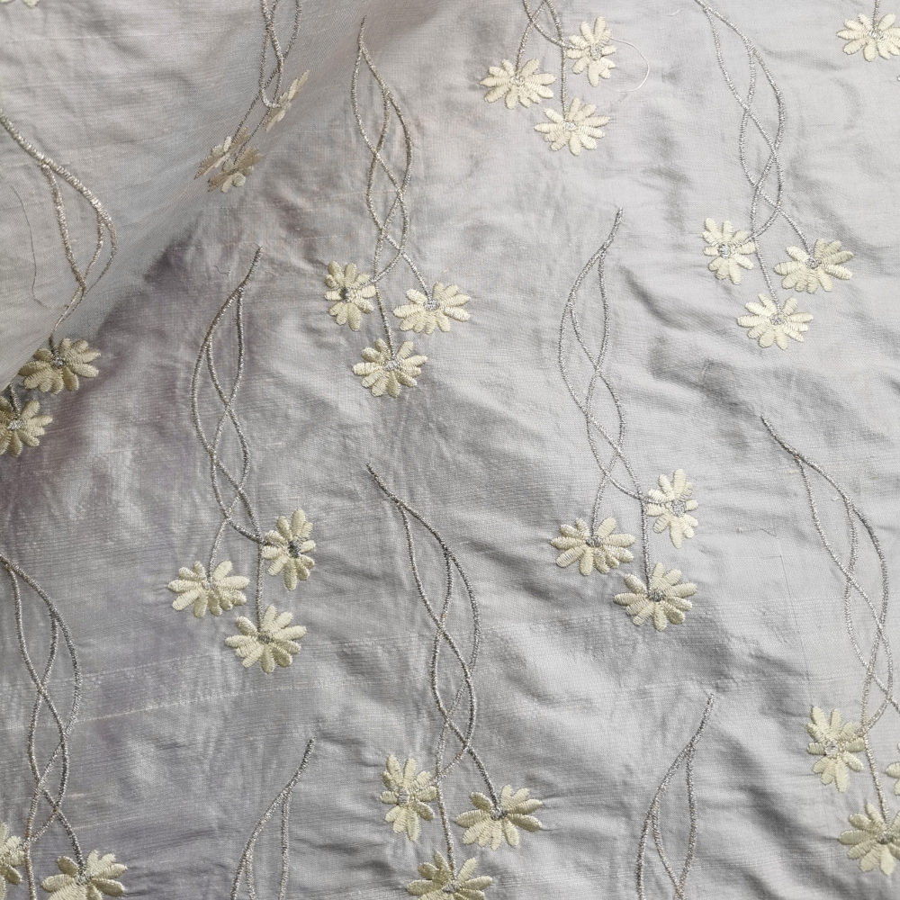 Ivory Flowers on Silver Embroidered Silk