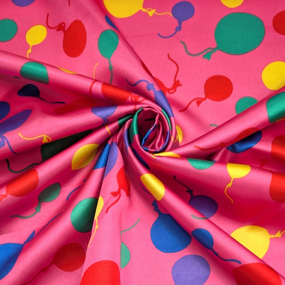 Balloon Print Satin fabric by the metre, Novelty Balloon Satin Fabric