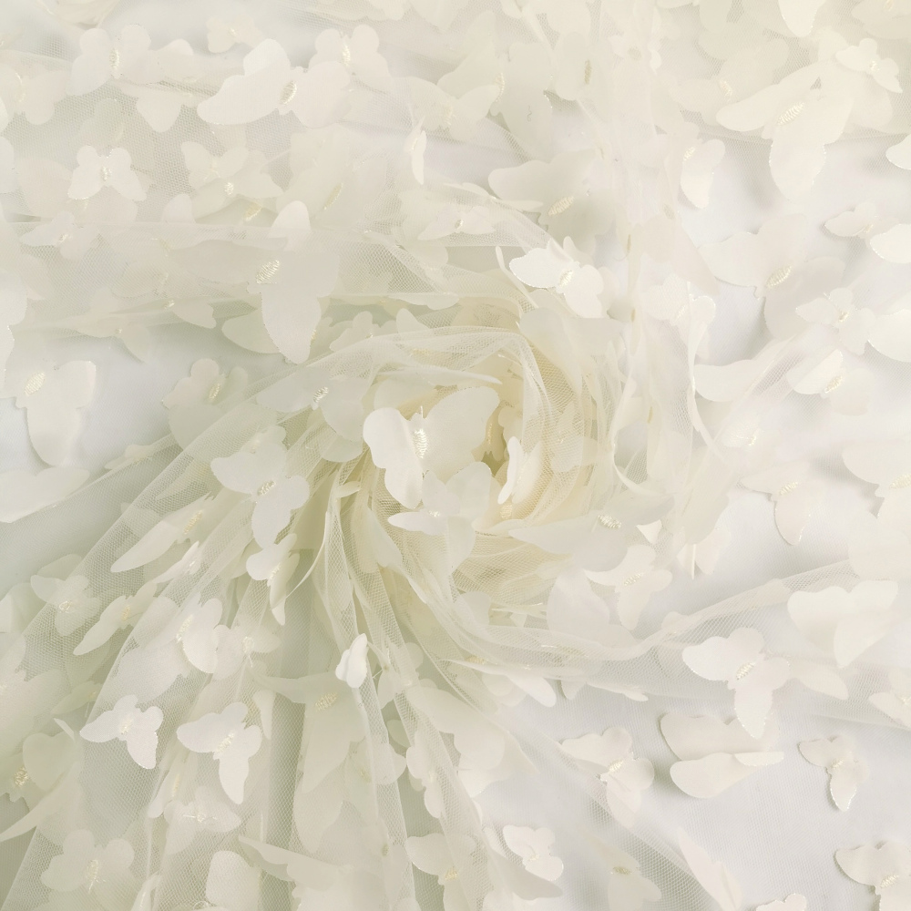 3D Butterfly Mesh Ivory by the metre|3D floral mesh Online Fabrics