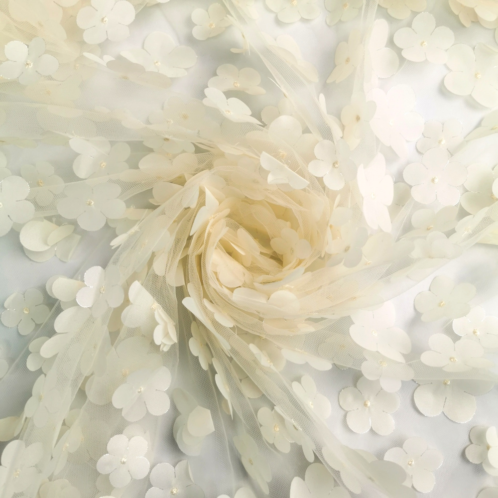 3D Floral Mesh Ivory by the metre|3D floral mesh Online Fabrics