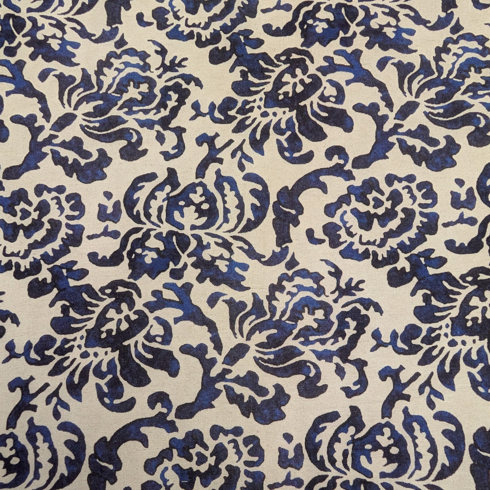 Digital Natural Linen Blue Damask Fabric by the metre|50% Linen 50% Rayon