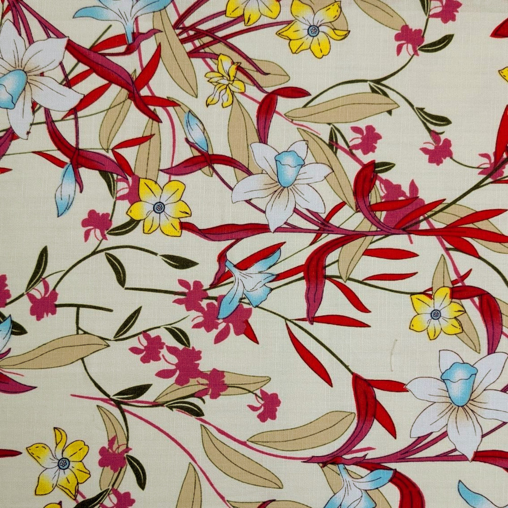 Floral Linen Spandex Ivory Fabric by the metre|25% Linen 70% Cotton 5% ...