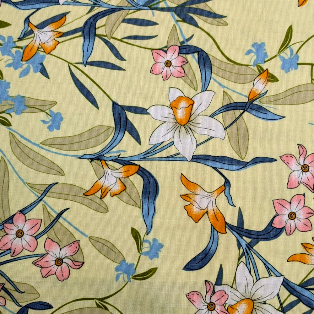 Floral Linen Spandex Cream Fabric by the metre|25% Linen 70% Cotton 5% ...