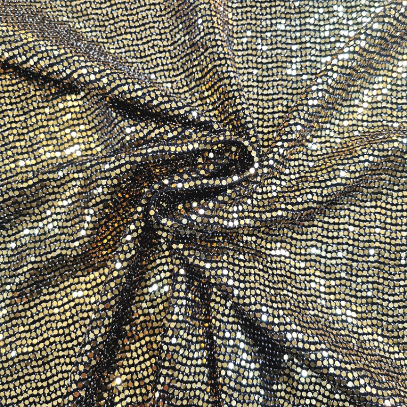 ALL OVER SEQUINNED SPANDEX - 3mm SPOT GOLD ON BLACK, fabric for stage ...