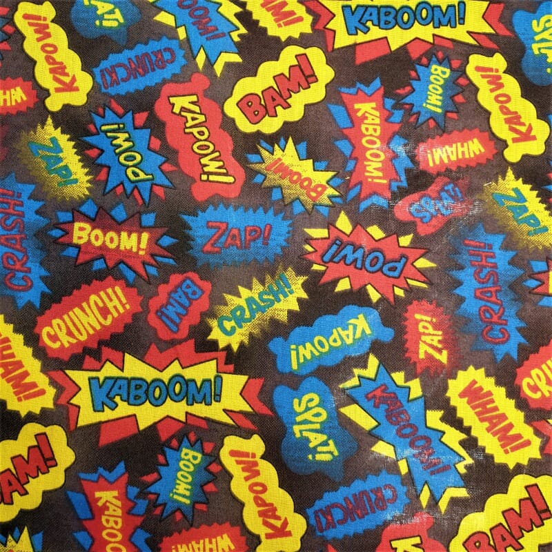 Super Hero Polycotton KAPPOW WHAM BAM RED, Comic Strip super heroes sayings