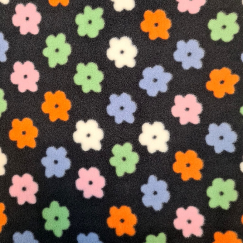 Anti Pill Fleece Fabric - Multi Coloured Flowers on Black, blankets ...