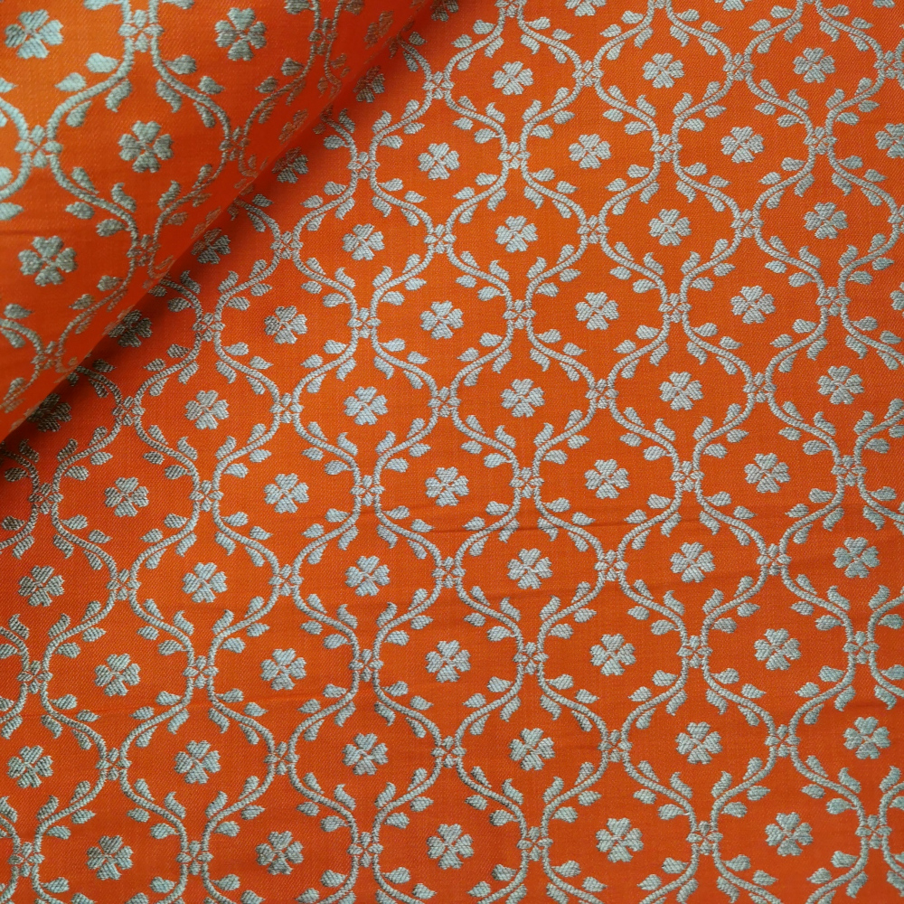 Orange Indian Brocade Fabric | Small Flower Design