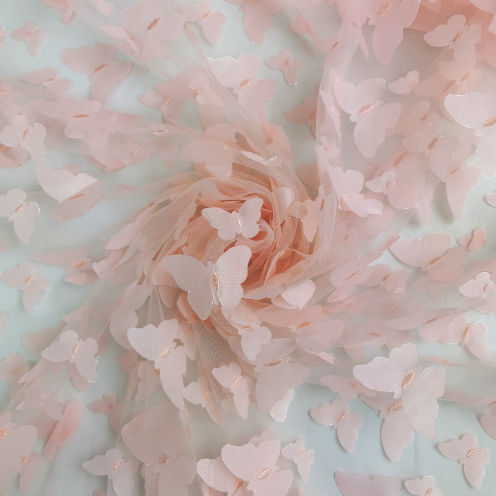 3D Butterfly Mesh Pink by the metre|3D floral mesh Online Fabrics