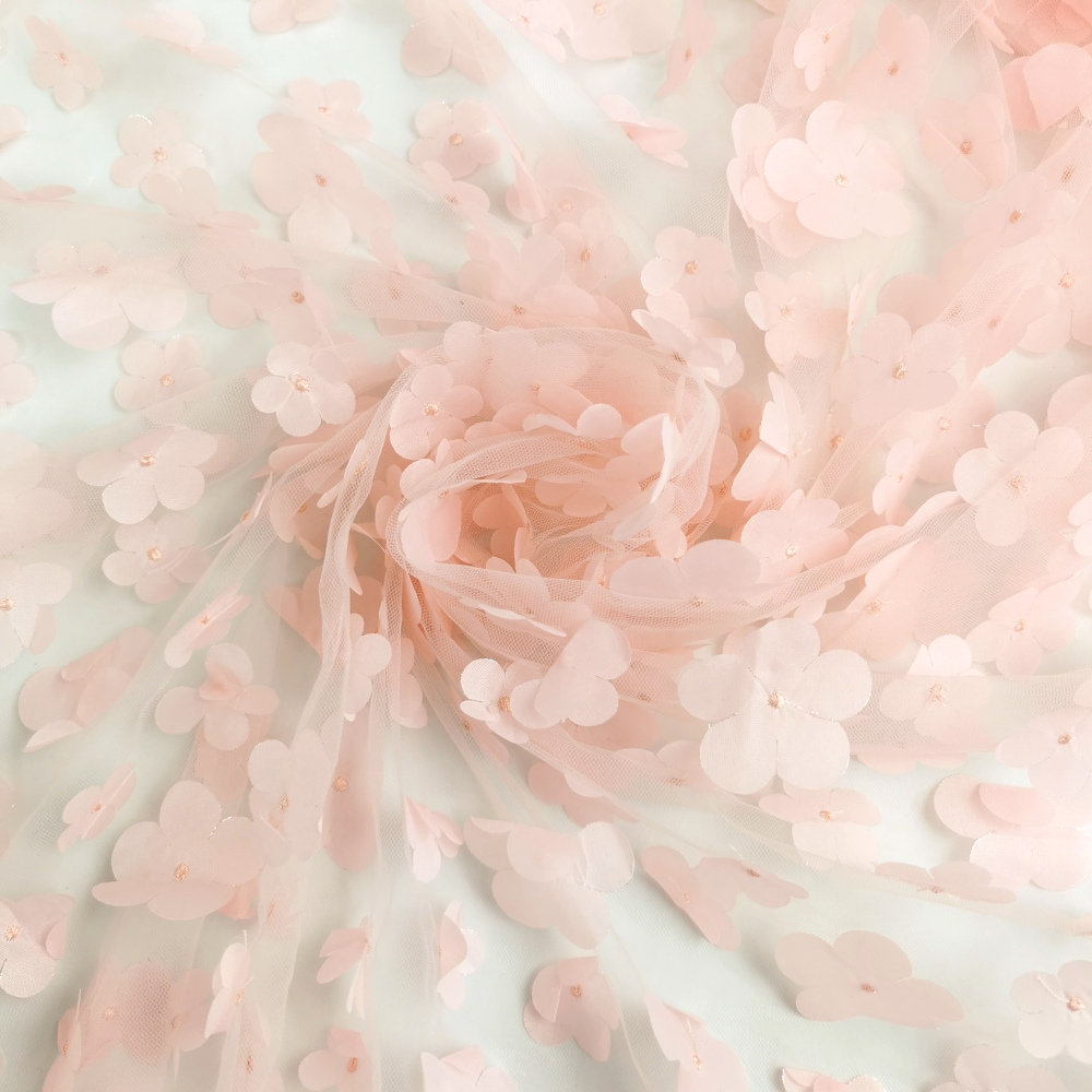 3D Floral Mesh Pink Fabric by the metre|3D floral mesh Online Fabrics