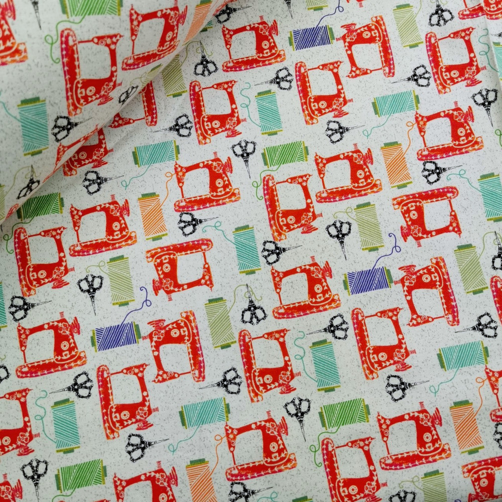 100% Cotton Fabric- Red Sewing Machines