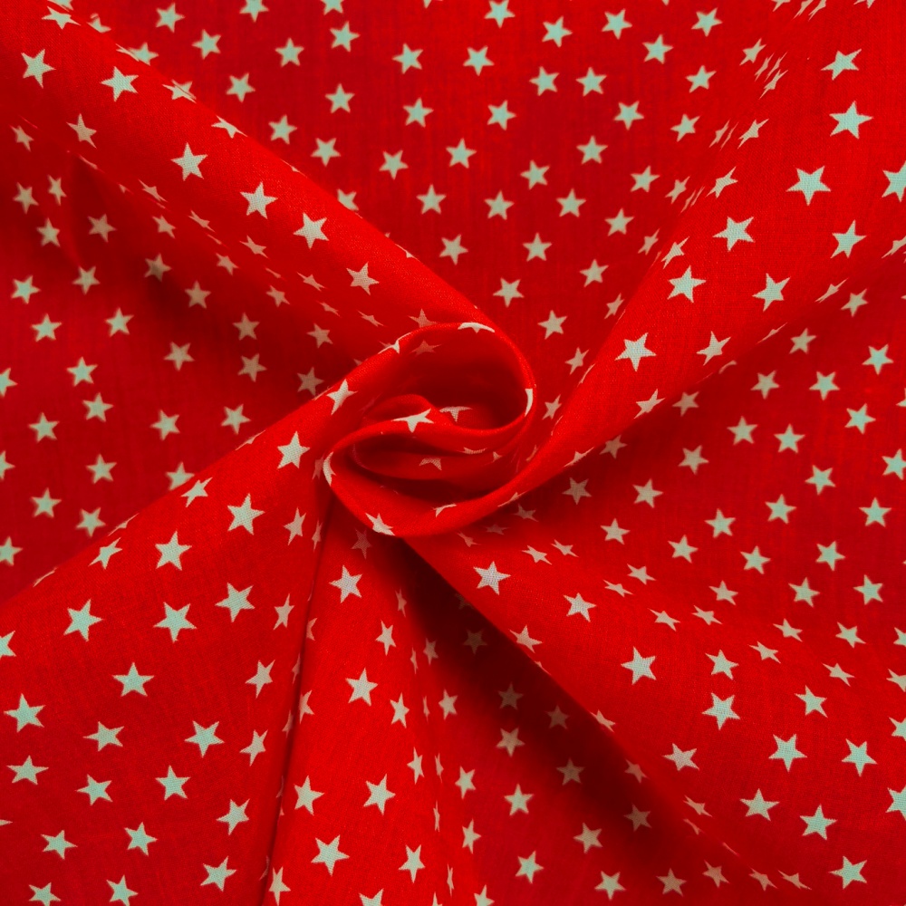 Star Print Polycotton - White Stars on Red