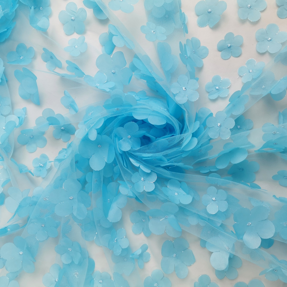3D Floral Mesh Turquoise by the metre|3D floral mesh Online Fabrics