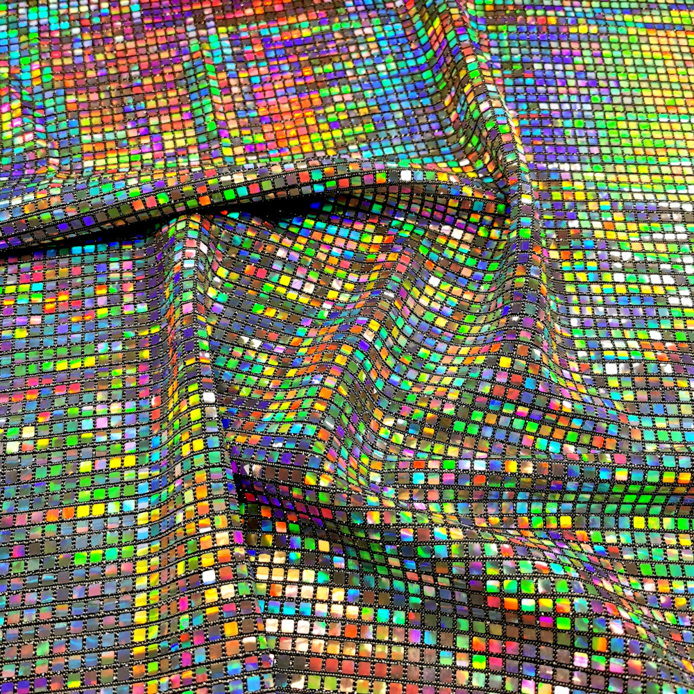 MIRROR SEQUIN SPANDEX - 4mm SILVER HOLOGRAM ON BLACK, fabric for stage ...