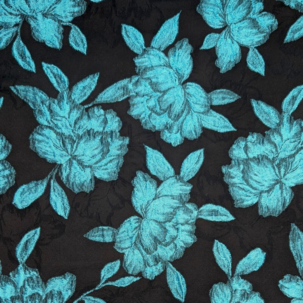 Turquoise Floral Brocade on Black Fabric by the metre
